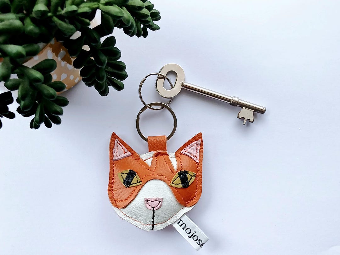 Handmade Leather Cat Keychain: Ginger and Grey Kitty Bag Charm - Etsy