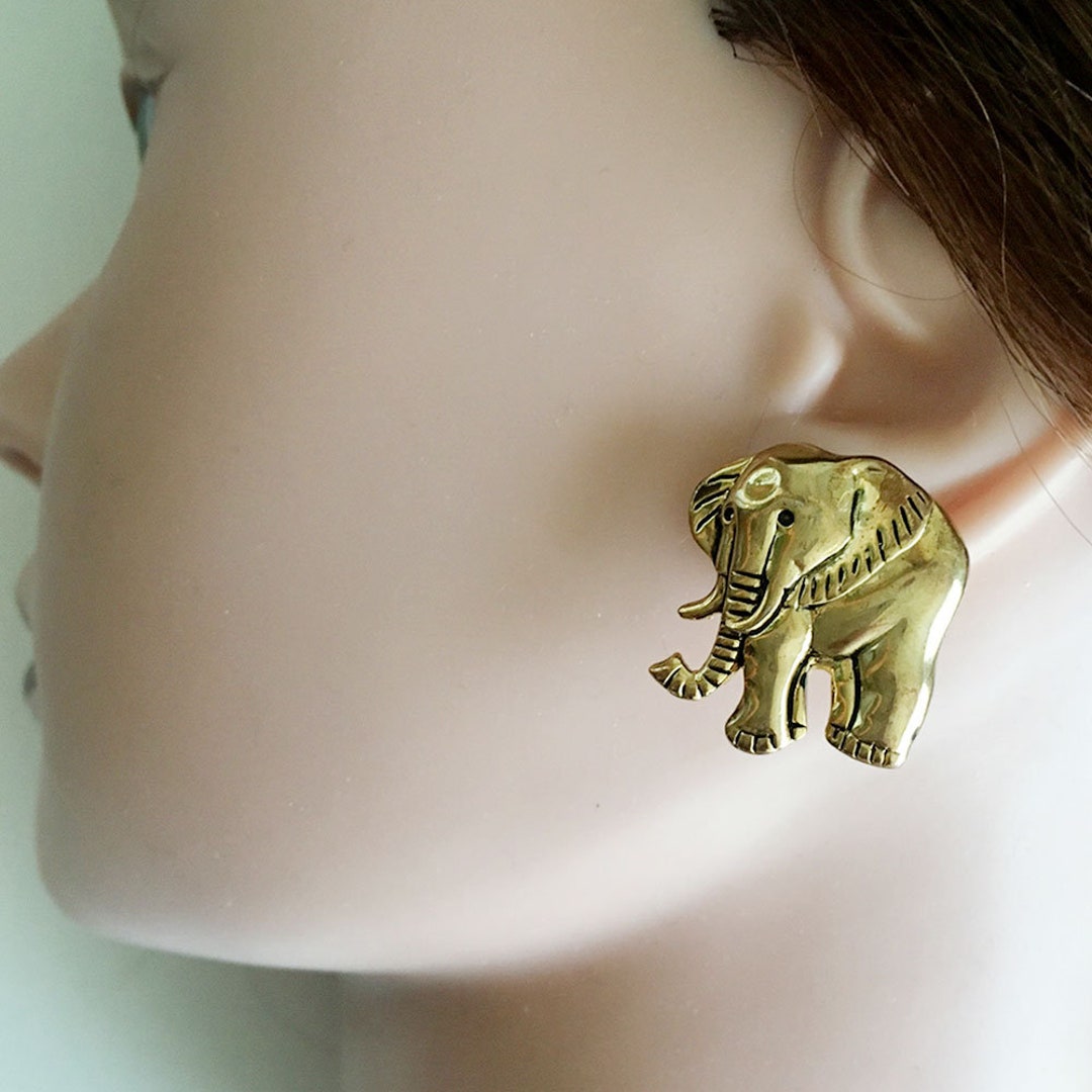 Vintage Gold Tone Metal Elephant Pierced Post Back Stud Earrings 1 Inch ...