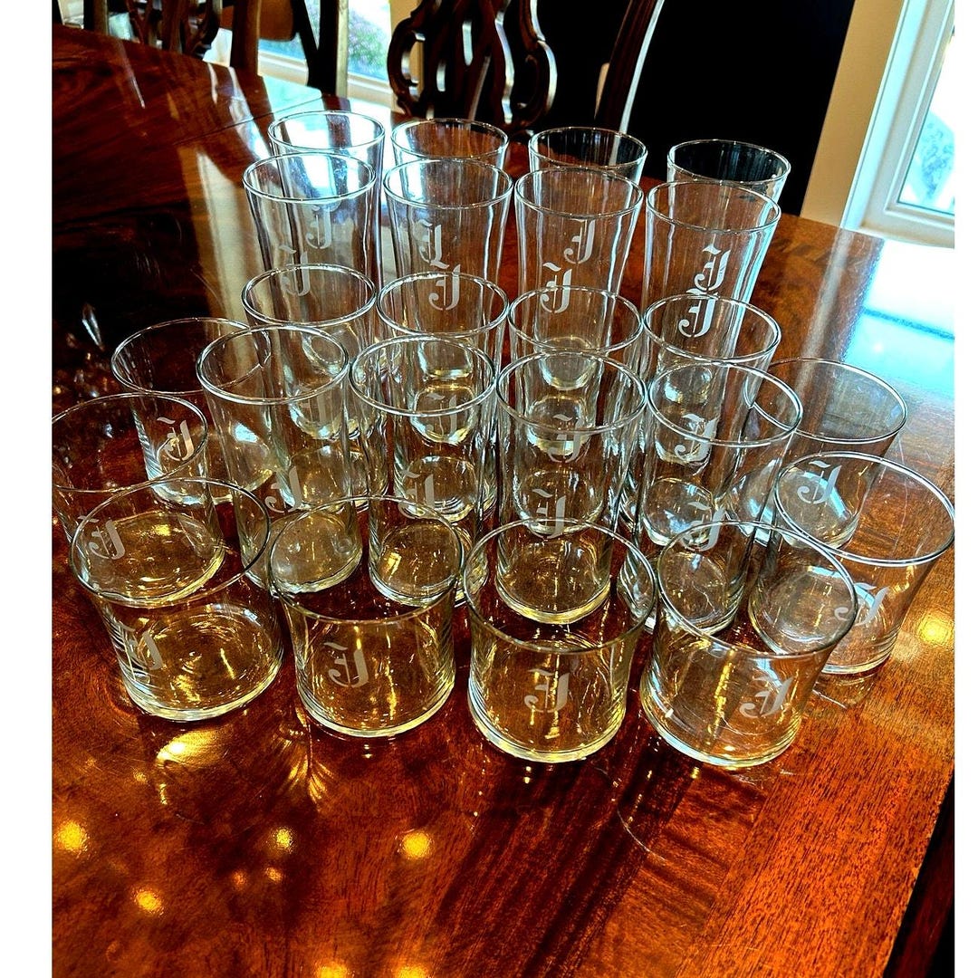 Vintage Etched “J” Monogram Drinking Glasses Set of 24 Mid Century ...