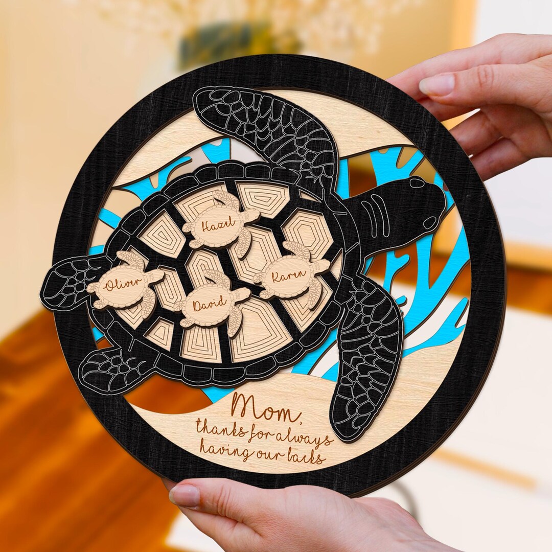 Personalized Mom Sea Turtle Sign, Sea Turtle Family Wooden Sign With ...
