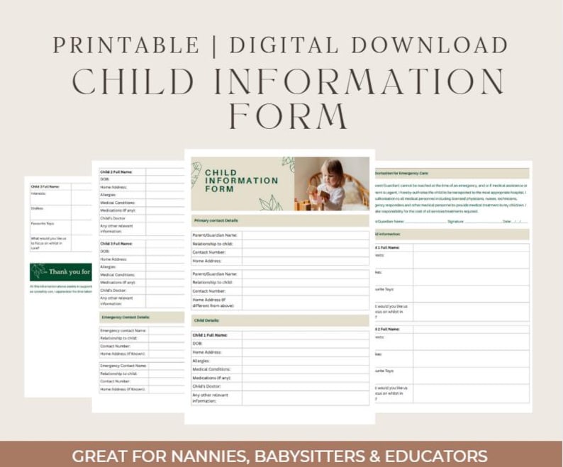 Nanny Child Information Form Printable | Child Info Sheet for ...
