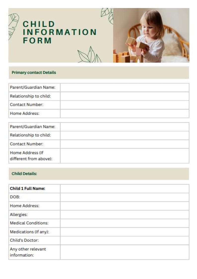 Nanny Child Information Form Printable | Child Info Sheet for ...