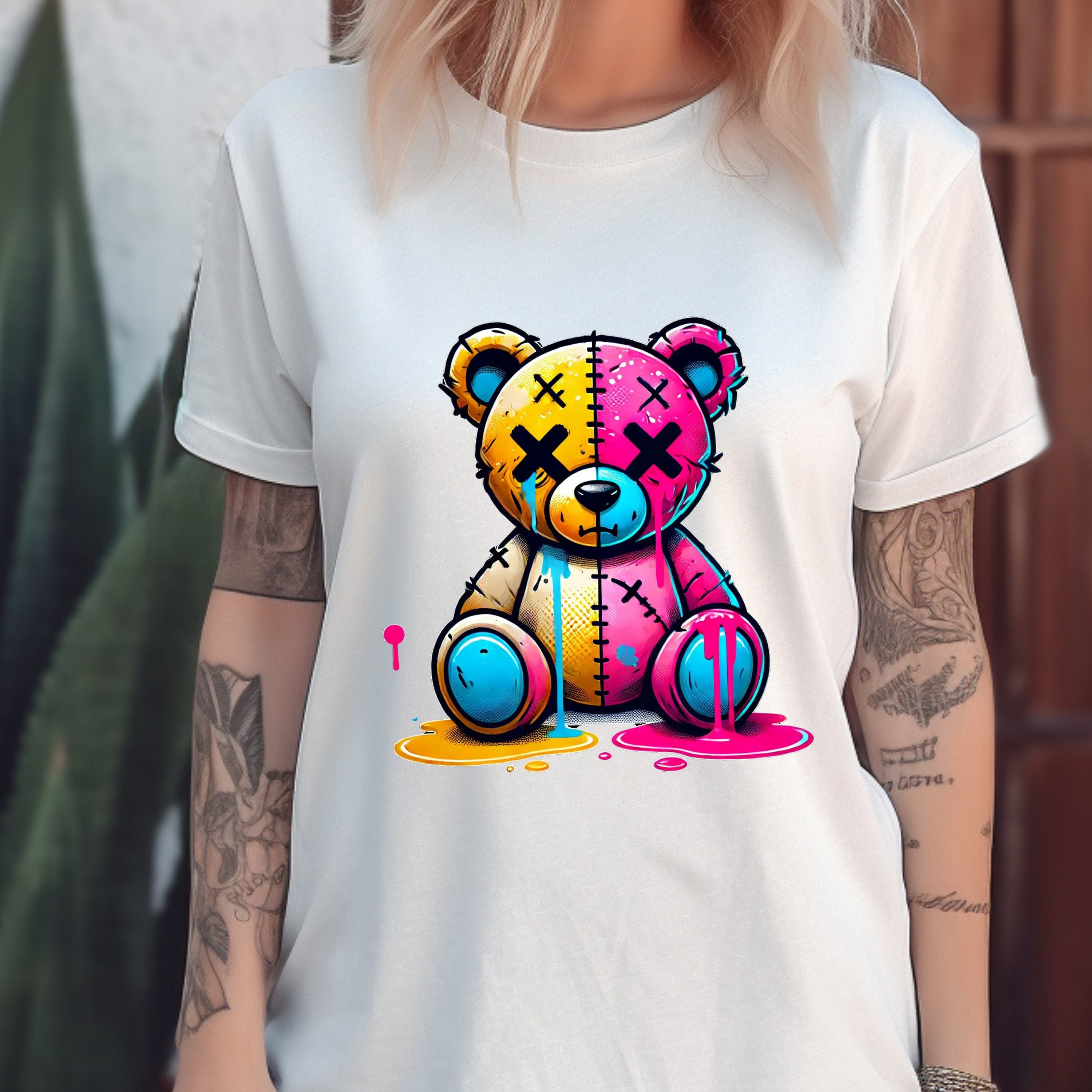 Drip Graphic Tee: Graffiti Meltdown Neon Bear Tee for Trendy Streetwear ...