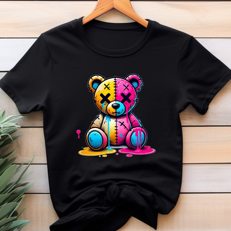 Drip Graphic Tee: Graffiti Meltdown Neon Bear Tee for Trendy Streetwear ...