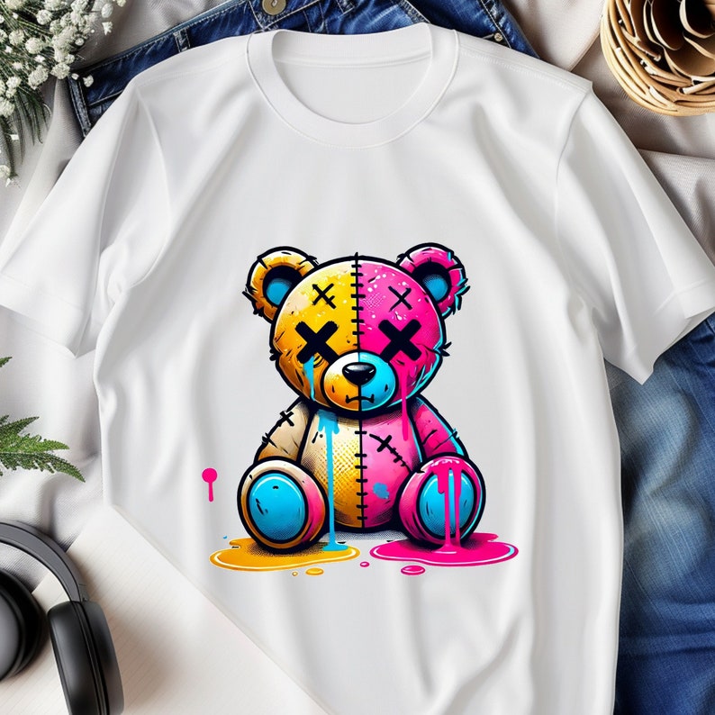 Drip Graphic Tee: Graffiti Meltdown Neon Bear Tee for Trendy Streetwear ...