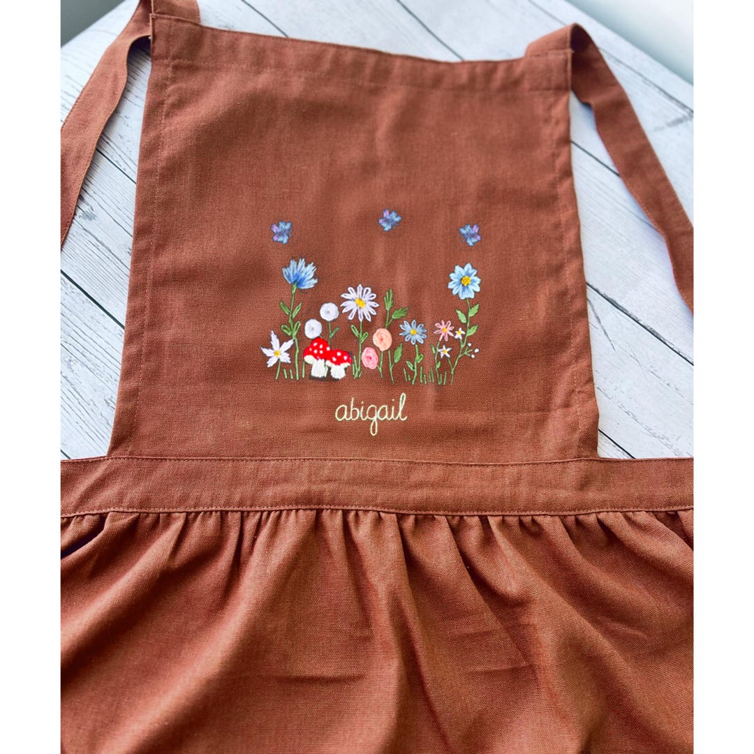 Personalized Hand Embroidered Apron, Floral Apron,mushroom and Flower ...
