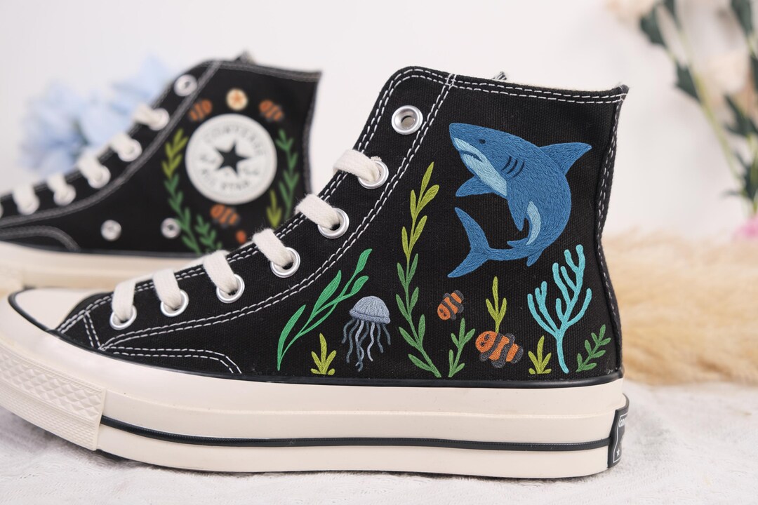 Shark Embroidered Converse, Hand Embroidered Marine Life Sneakers ...
