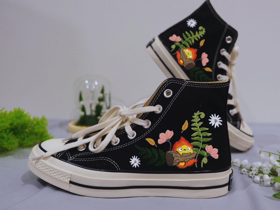 Embroidered Cute Fire Converse, Characters Embroidered Shoes Custom ...