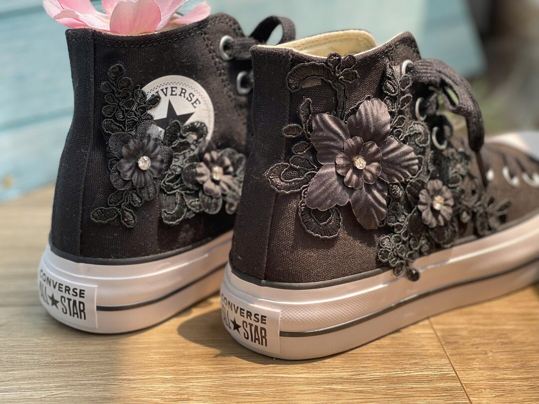 Gothic Black Floral Converse, Witchcore Lace Sneakers With Crystals ...