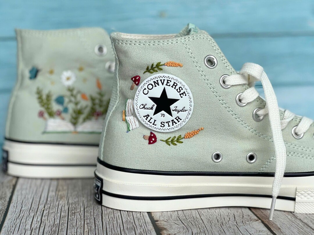 Custom Embroidered Converse Sneakers, Floral and Book Design, Green ...