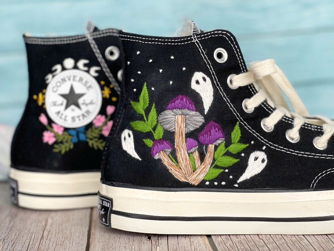 Ghost Mushroom Embroidered Converse, Spooky Black High Tops, Halloween ...