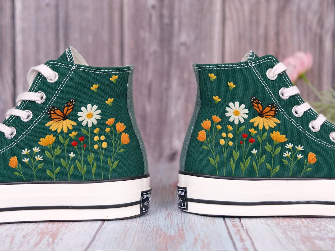 Green Wildflower Converse With Butterfly, Hand Embroidered Nature ...