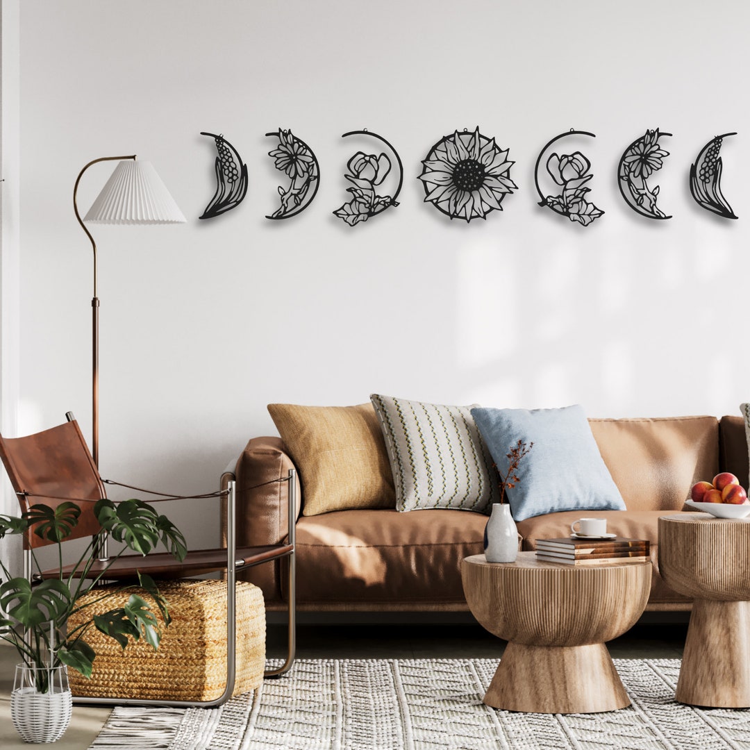Floral Moon Phase Metal Wall Art, Bedroom Decoration for Wall, Metal ...