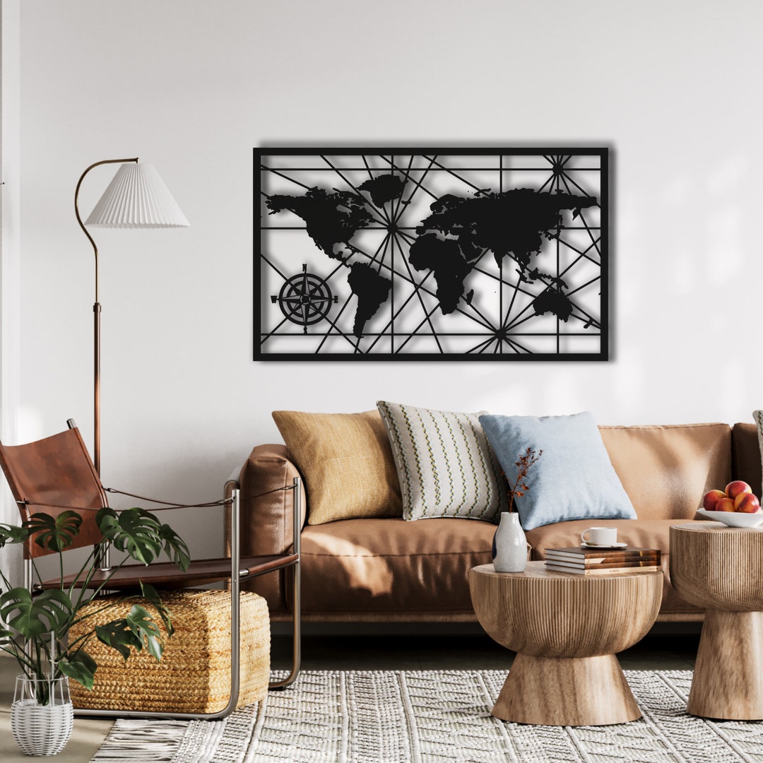 World Map Compass Metal Wall Decor: 3D World Map, Metal Art Work; World ...