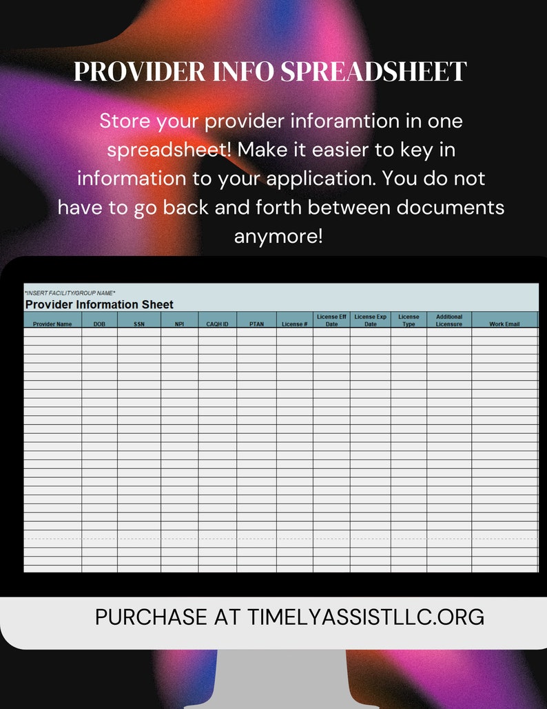 Provider Information Spreadsheet Template - Etsy