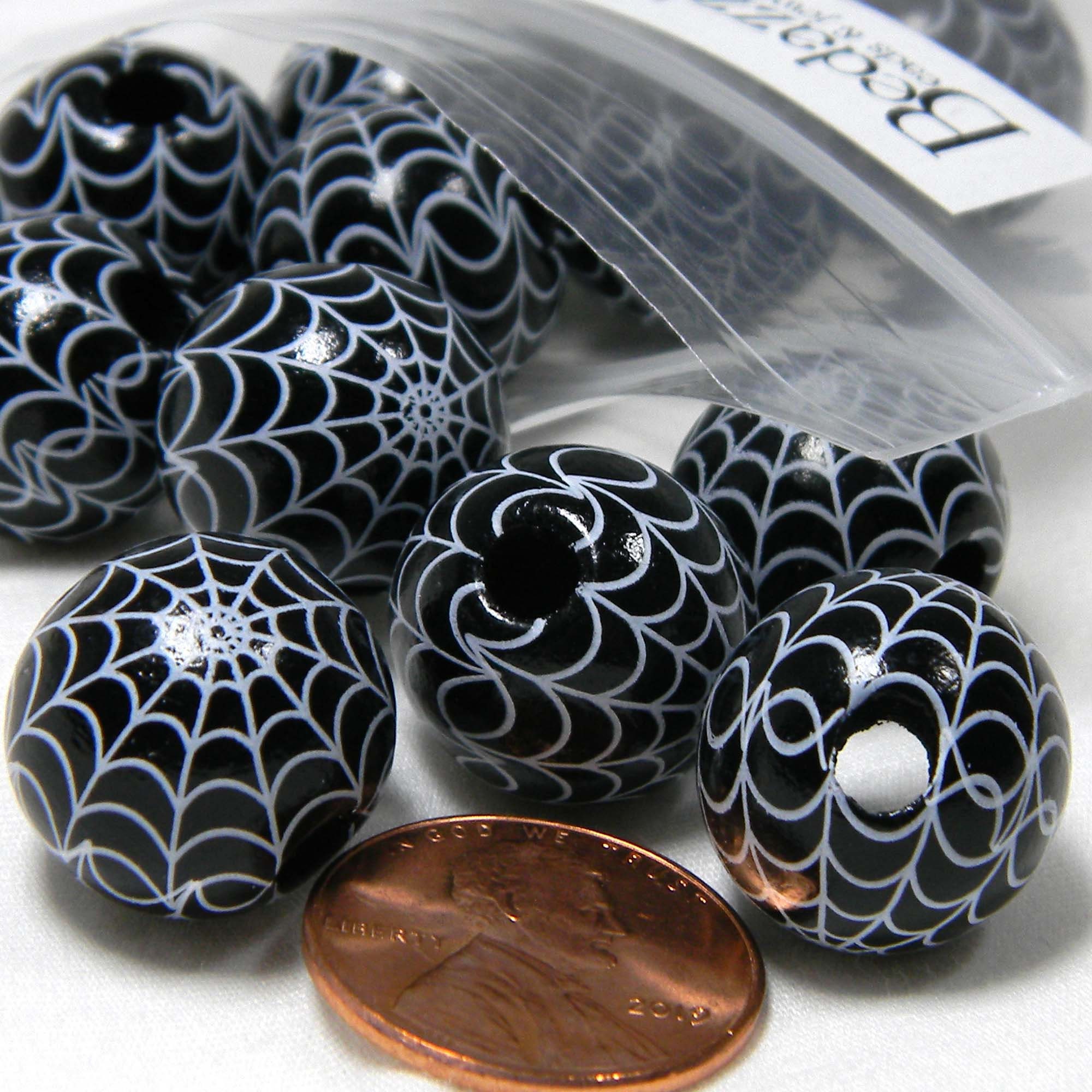 10 Big 16mm Round Spiderweb Wood Beads With Large 4mm Hole & Spider ...
