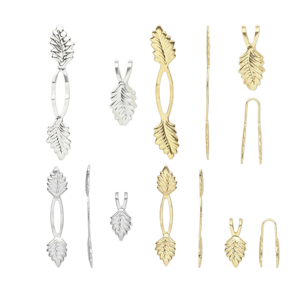 10 Leaf Shaped Fold Over Glue on Y Style Bails Plated Over Brass Metal ...