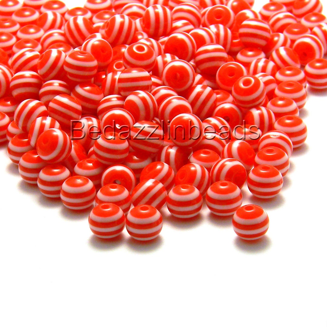 20 Red & White Stripe 8mm Round Plastic Acrylic Beads With Striped ...