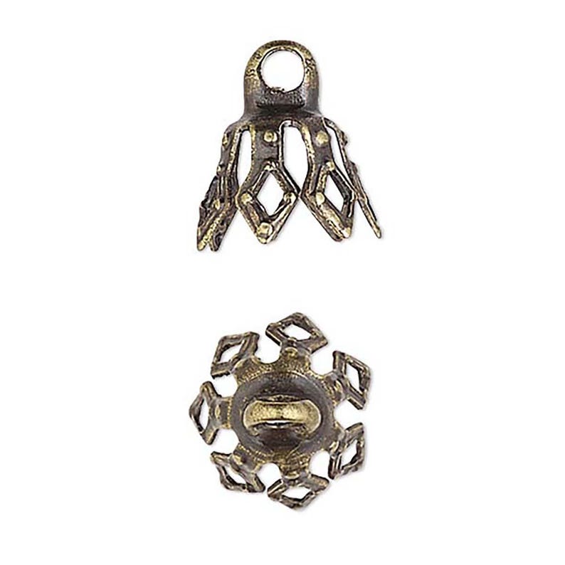 20 Plated Brass Bell Bead End Charm Caps With Loop & 7 Filigree Prong ...