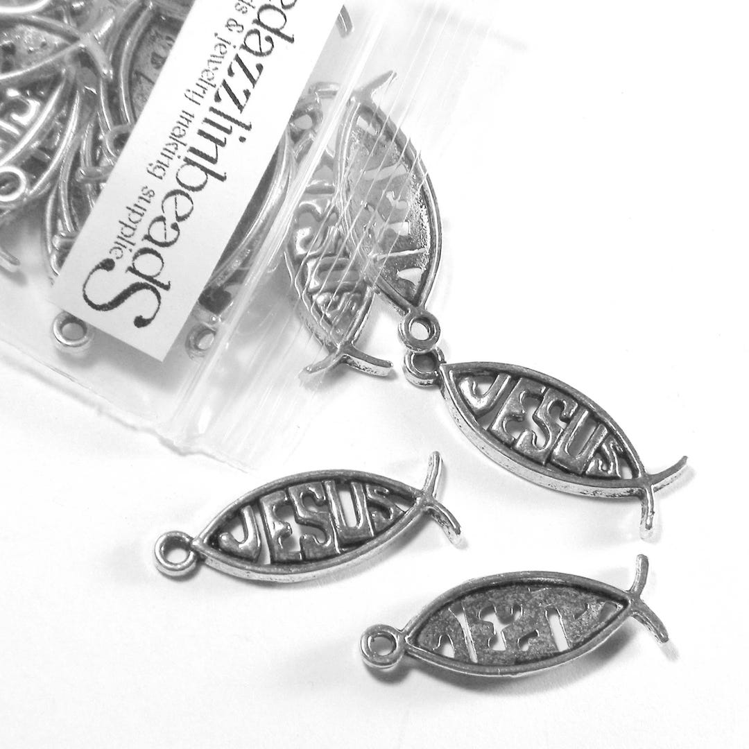10 Antique Silver 1 Inch Ichthys Christian Fish Charms With Jesus ...