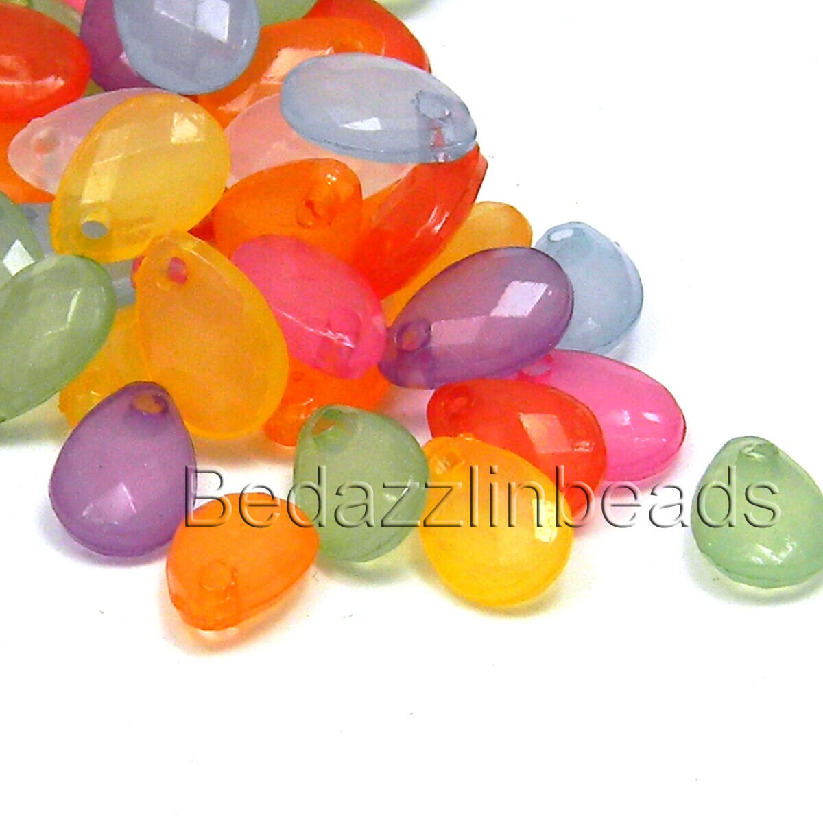 100 Little 9mm Translucent Plastic Acrylic Faceted Teardrop Drop Bead ...