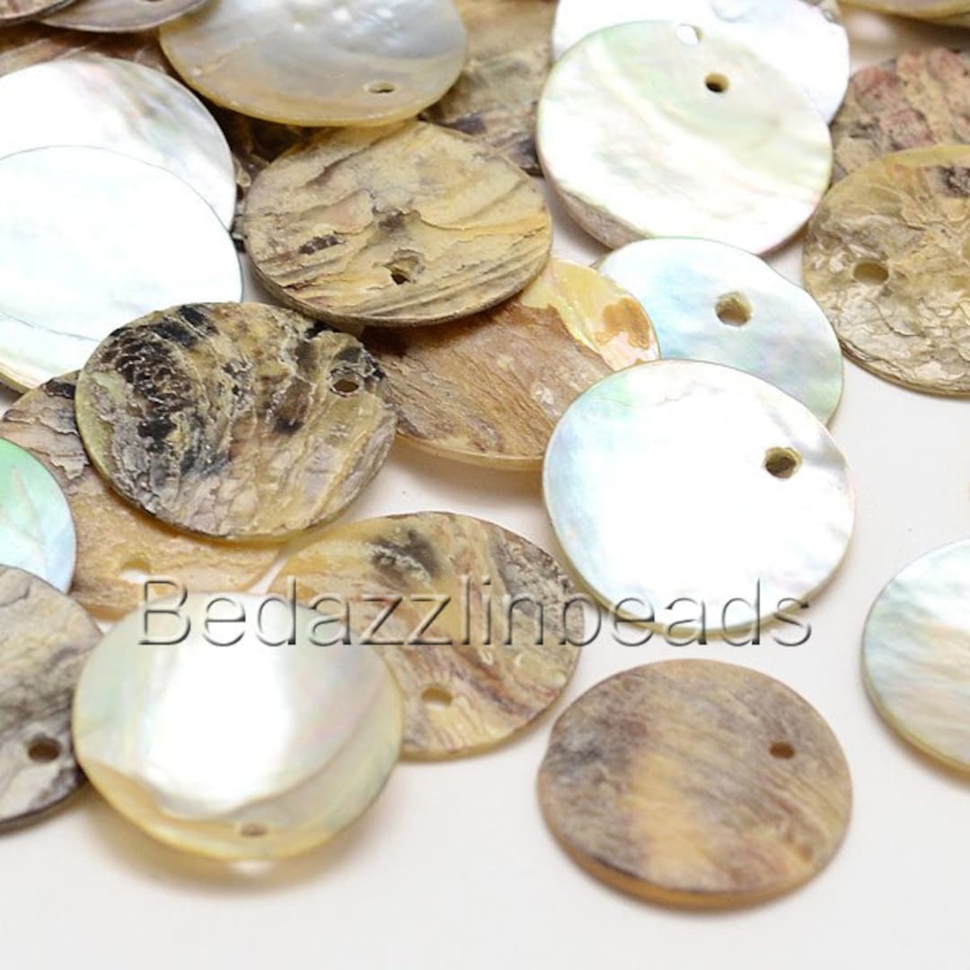 30 Natural 15mm Flat Round Mussel Shell Drop Charm Beads With ...