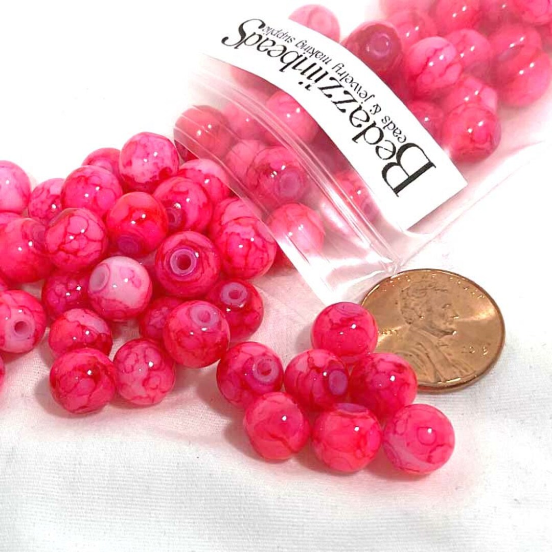 50 Marbled Bright Hot Pink Tie Dye 8mm Round Loose Glass Jewelry Beads With 1.3mm Hole for ...