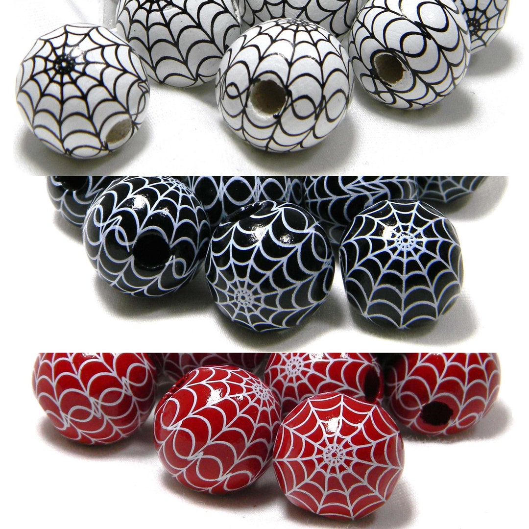 10 Big 16mm Round Spiderweb Wood Beads With Large 4mm Hole & Spider ...