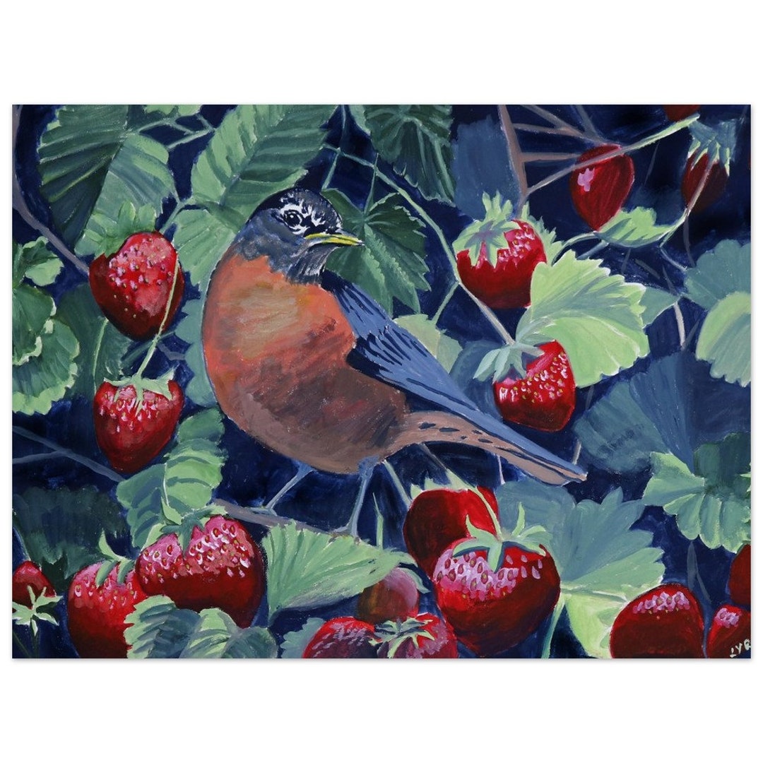 Robin & Strawberries Wall Art - Premium Matte Poster Print - Gouache ...