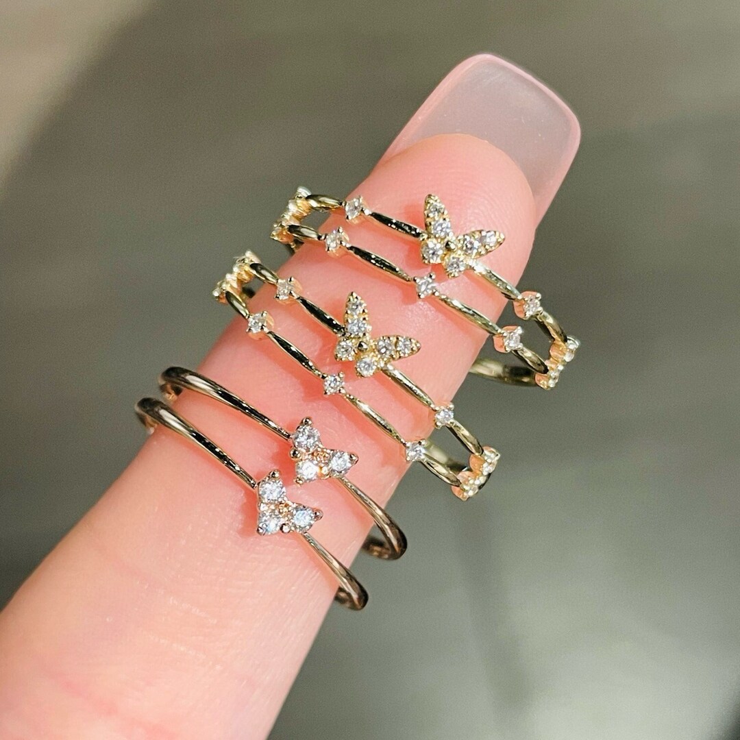 Butterfly, Heart, Thin Ring, Stacking Diamond Ring, Lab Grown Diamond,18k Solid Gold, Birthday ...