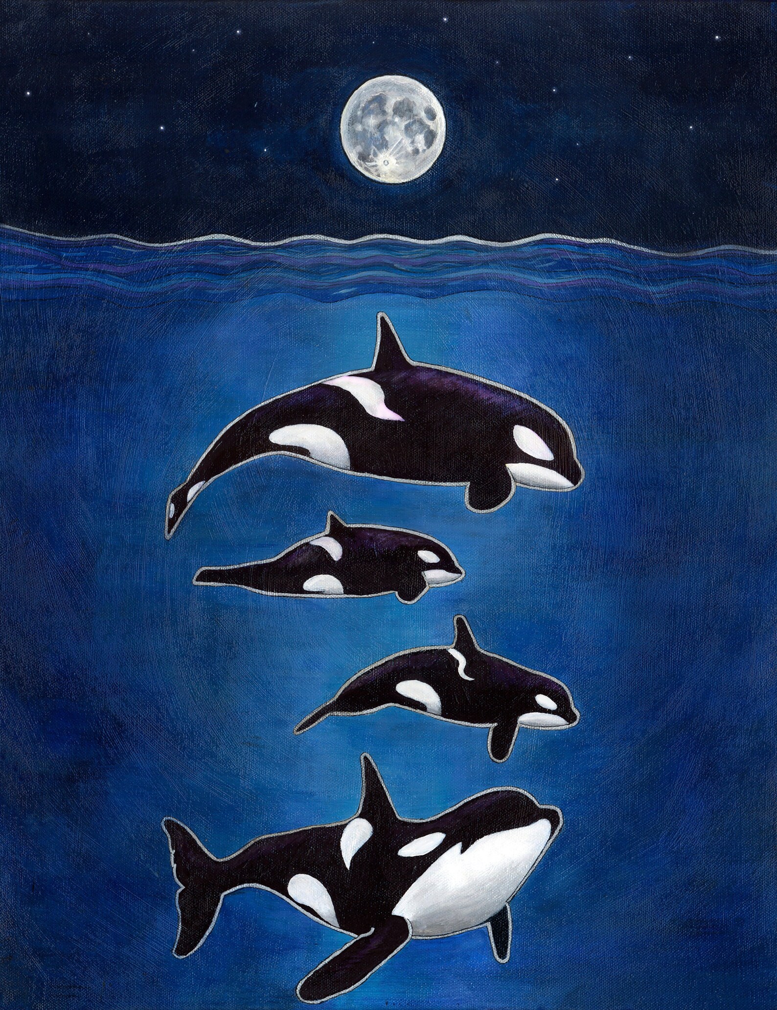 Orca Whales - Art Print - Painting - Nautical - Moon - Printable Art ...