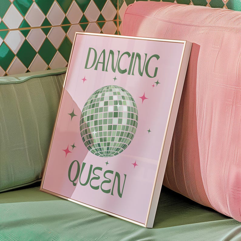 Dancing Queen Pink and Green Disco Ball Digital Print, Preppy College ...