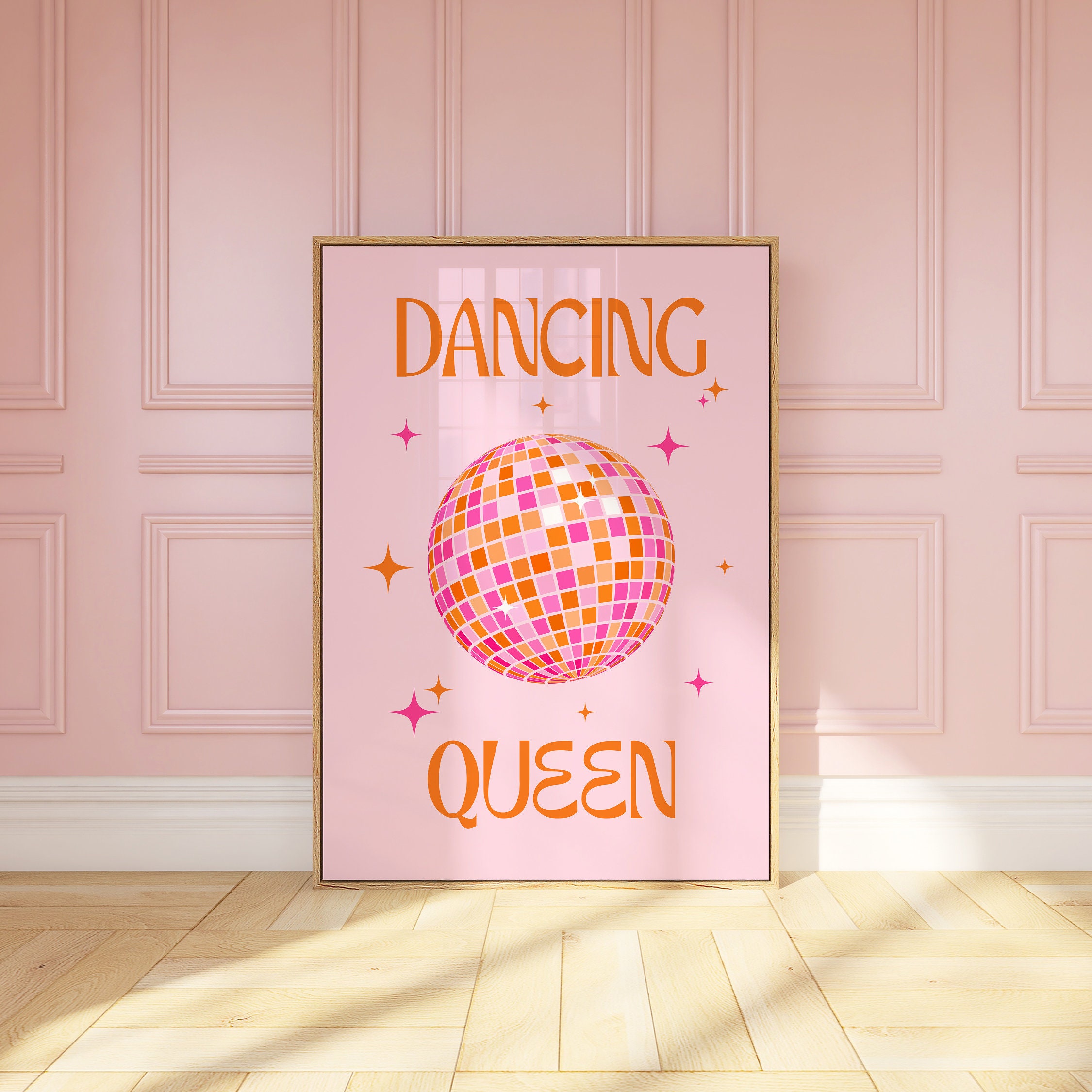 Dancing Queen Pink and Orange Disco Ball Digital Print, Preppy College ...