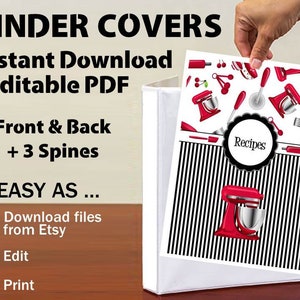 Editable Recipe Binder Cover Folder Insert Retro Style Red Mixer ...