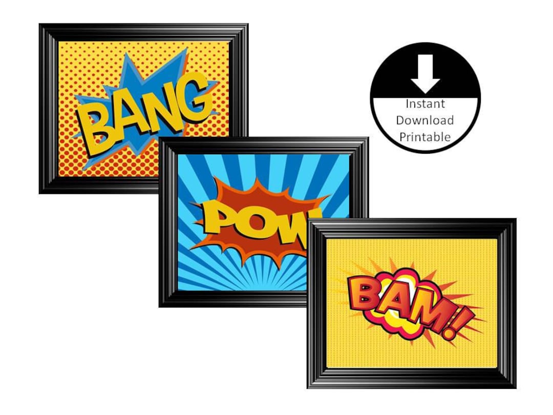 Super Boy Hero Words Noise Wall Art Party Backdrop Set of 3 Instant ...