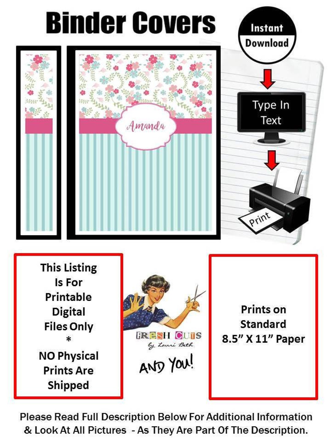 Instant Download Binder Folder Covers Insert Name Country Chic Floral ...