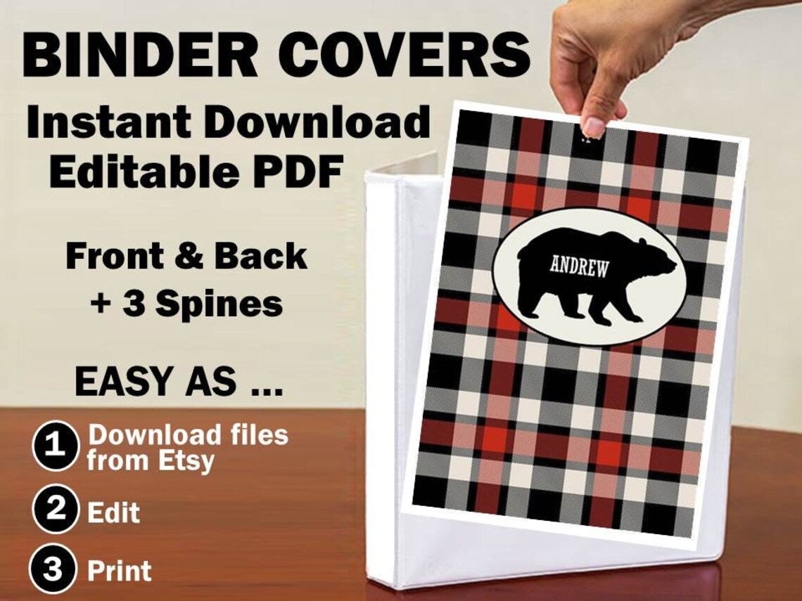 Editable Binder Cover Folder Insert Bear Buffalo Plaid - Etsy