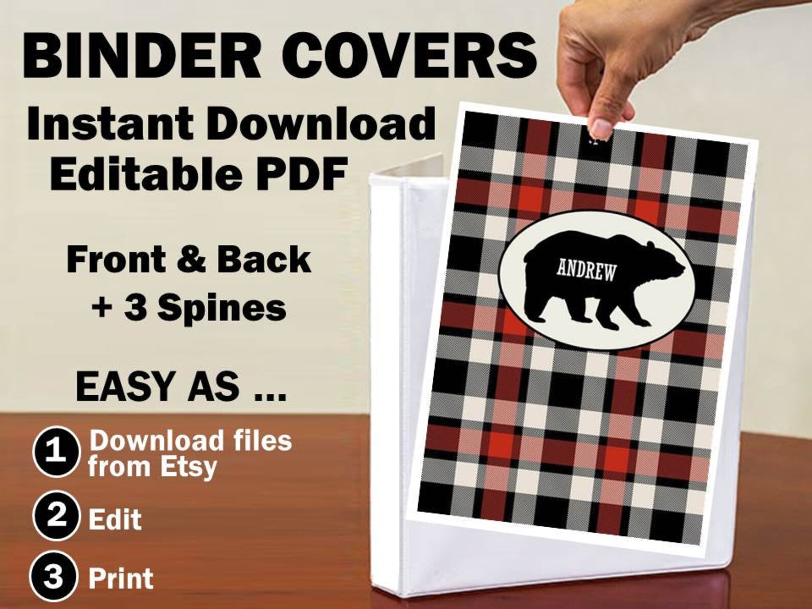 Editable Binder Cover Folder Insert Bear Buffalo Plaid Lumberjack ...