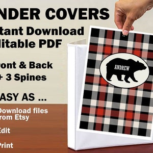 Editable Binder Cover Folder Insert Bear Buffalo Plaid Lumberjack ...
