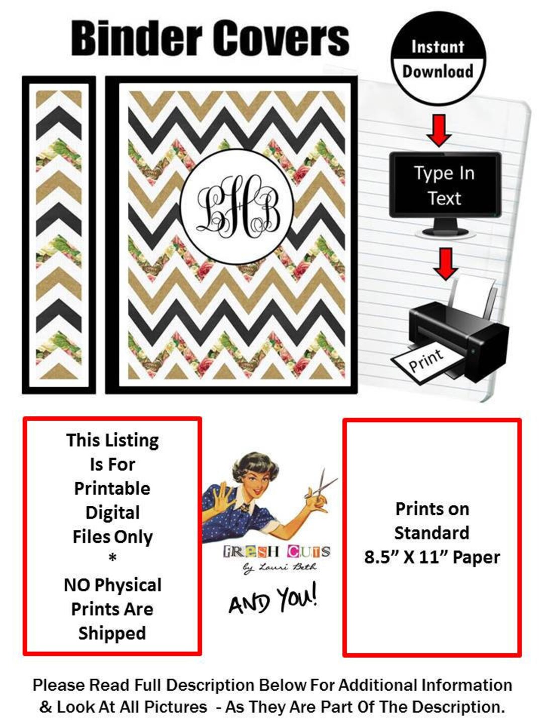 Instant Download Binder Covers Folder Inserts Spines Black Gold Roses ...