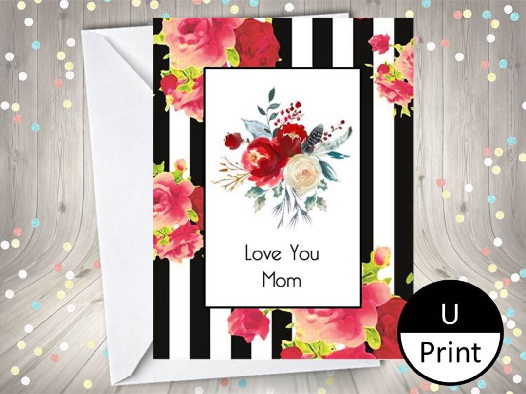 Printable Card Mothers Day Watercolor Flowers Roses Feathers Bouquet ...