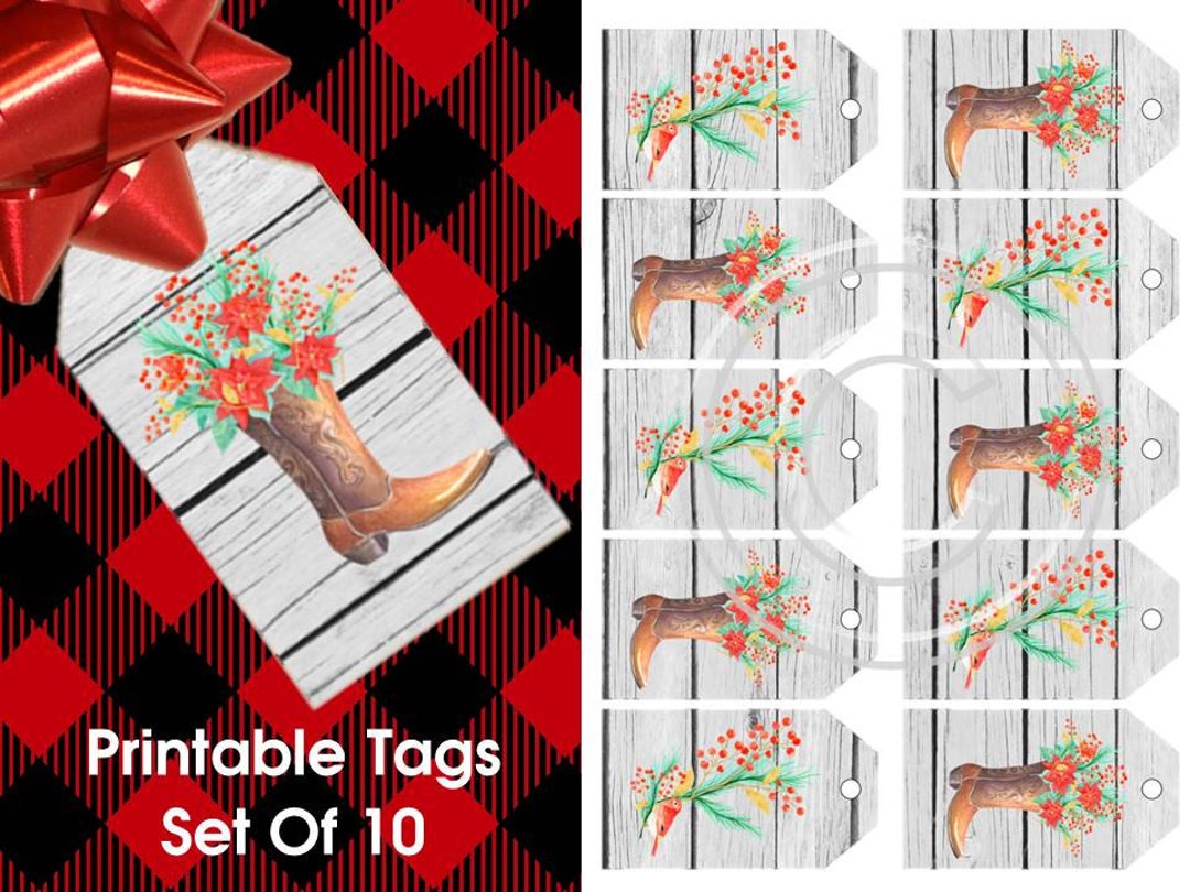 Western Christmas Gift Tags Wood Cowboy Boot Flowers Country DIY ...