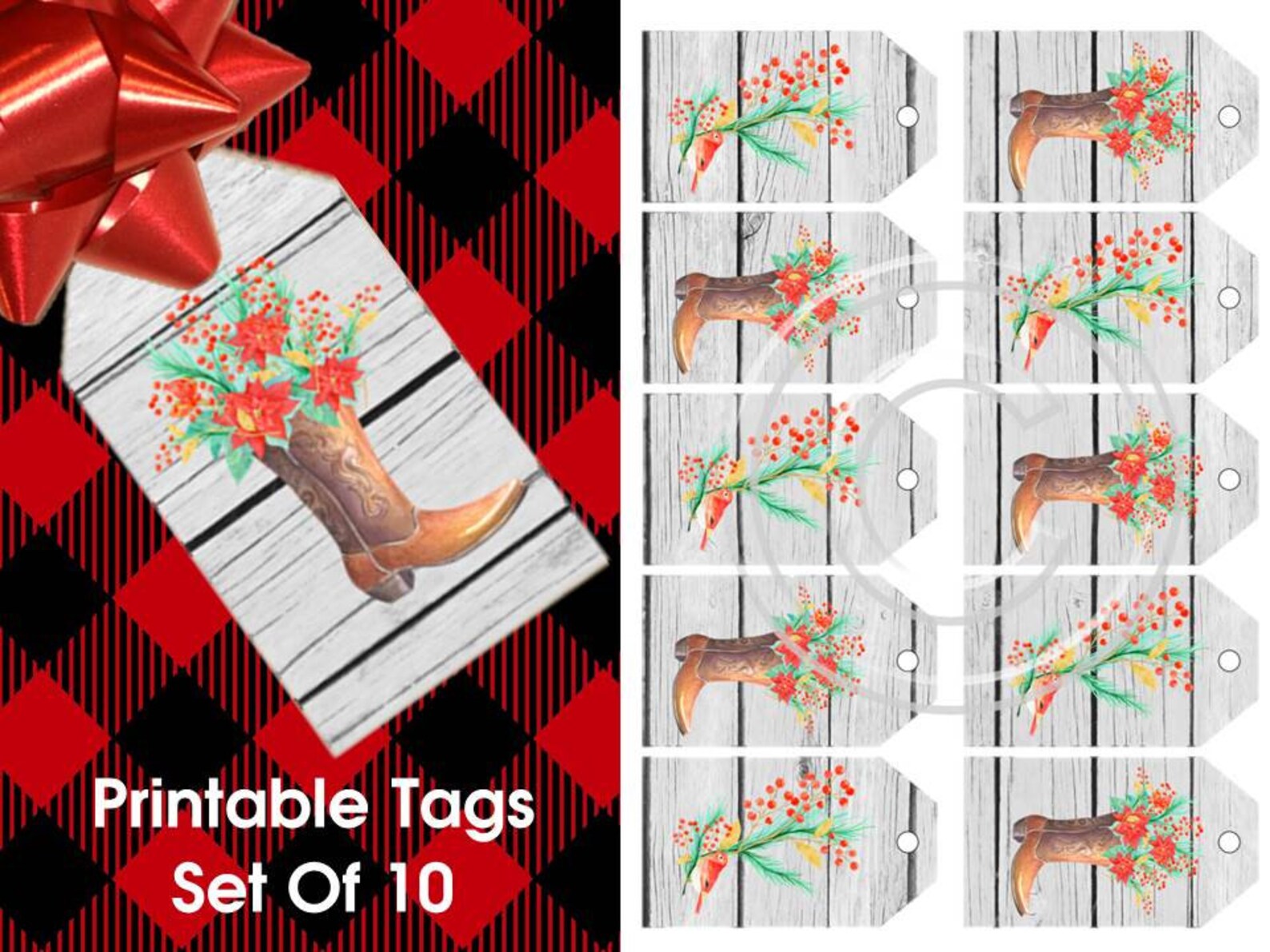 Western Christmas Gift Tags Wood Cowboy Boot Flowers Country DIY ...