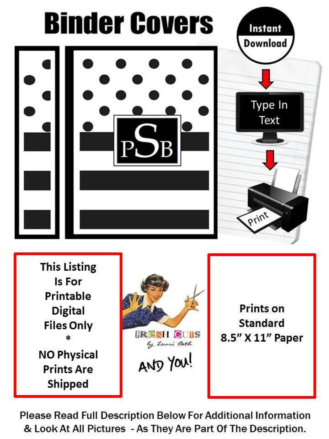 Editable Binder Covers Inserts Spines Black White Dots Stripe School ...
