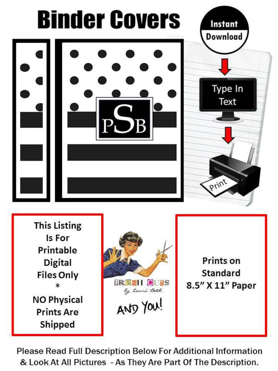 Editable Binder Covers Inserts Spines Black White Dots Stripe - Etsy