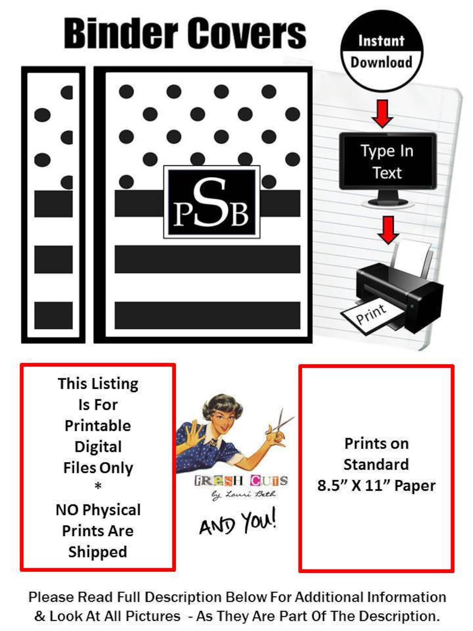 Editable Binder Covers Inserts Spines Black White Dots Stripe - Etsy