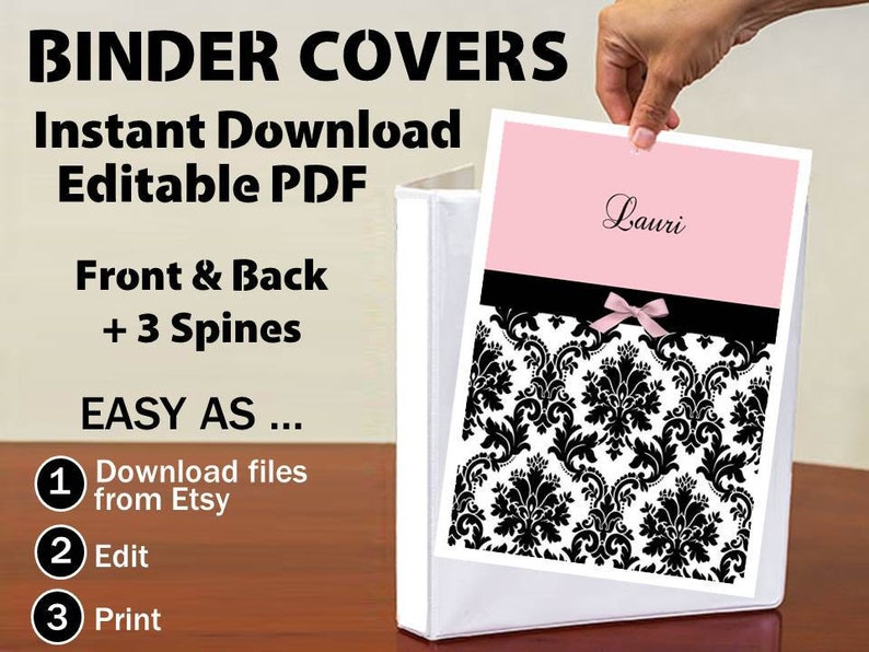 Editable Binder Cover Folder Insert Spines Name Girly Black Pink Damask ...