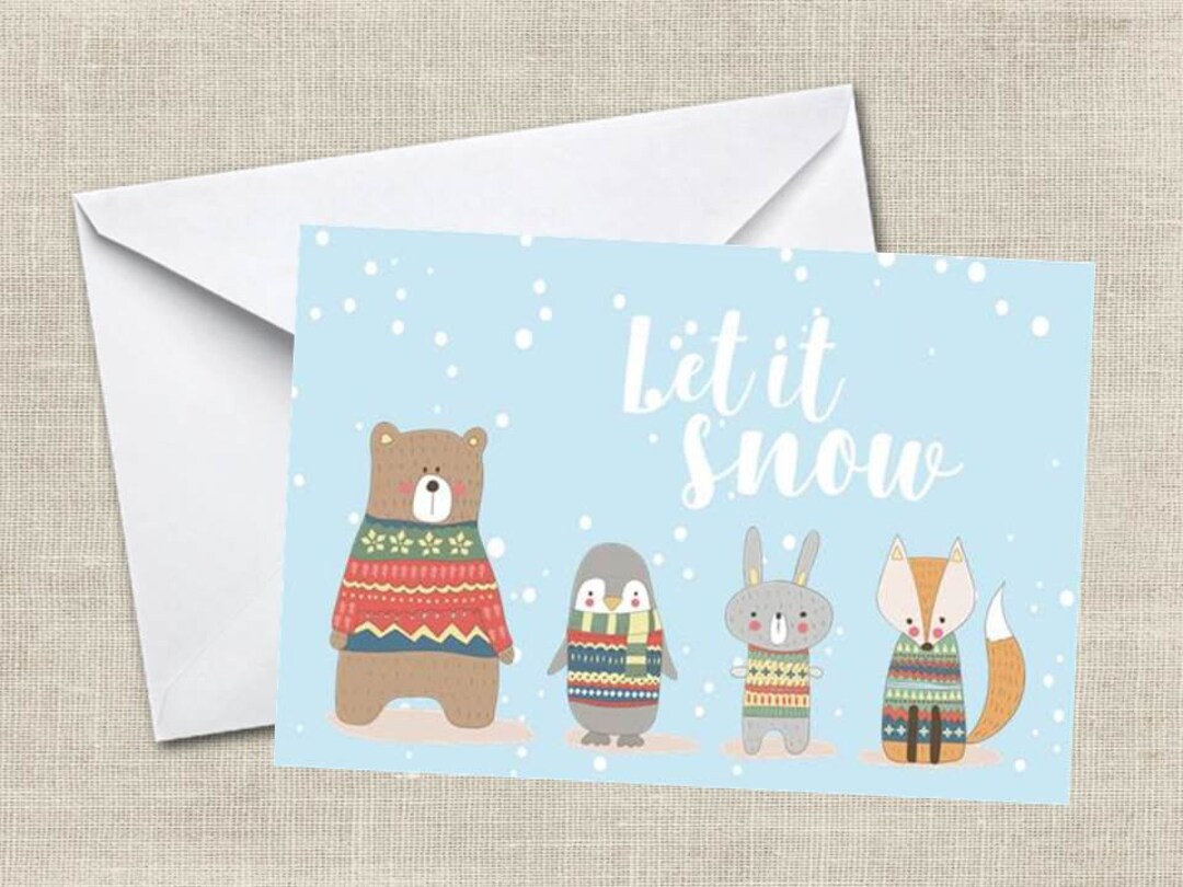 Printable Christmas Holiday Winter Card Trendy Woodland Animals Bear ...