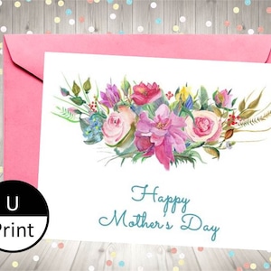 Printable Mothers Day Card Watercolor Flower Bouquet DIY PDF Jpeg PNG ...