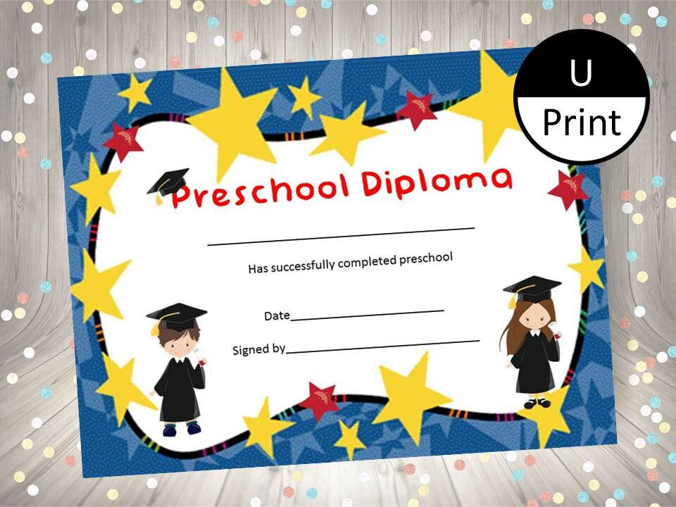 Preschool Pre K Graduation Kids Diploma Child Certificate Award DIY Boy ...